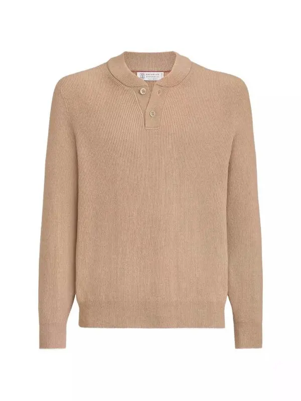 Brunello Cucinelli Cashmere English Rib Sweater With Henley Collar - Neutrals