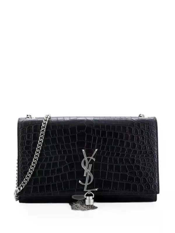 Saint Laurent Classic Monogram Tassel Crocodile Embossed Leather Medium Crossbody Bag - Black