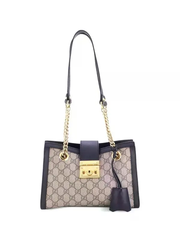 Gucci Padlock Chain Tote Gg Coated Canvas Leather Small Shoulder Bag - Black