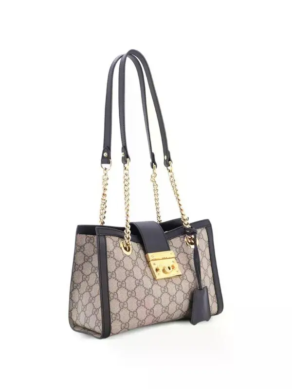 Gucci Padlock Chain Tote Gg Coated Canvas Leather Small Shoulder Bag - Black