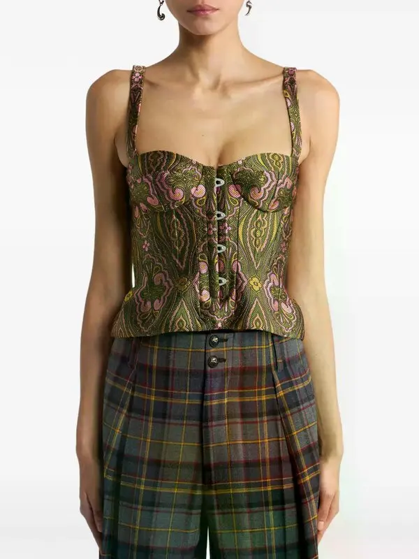 Etro Jacquard Corset Top With Floral Medallion Motif - Green