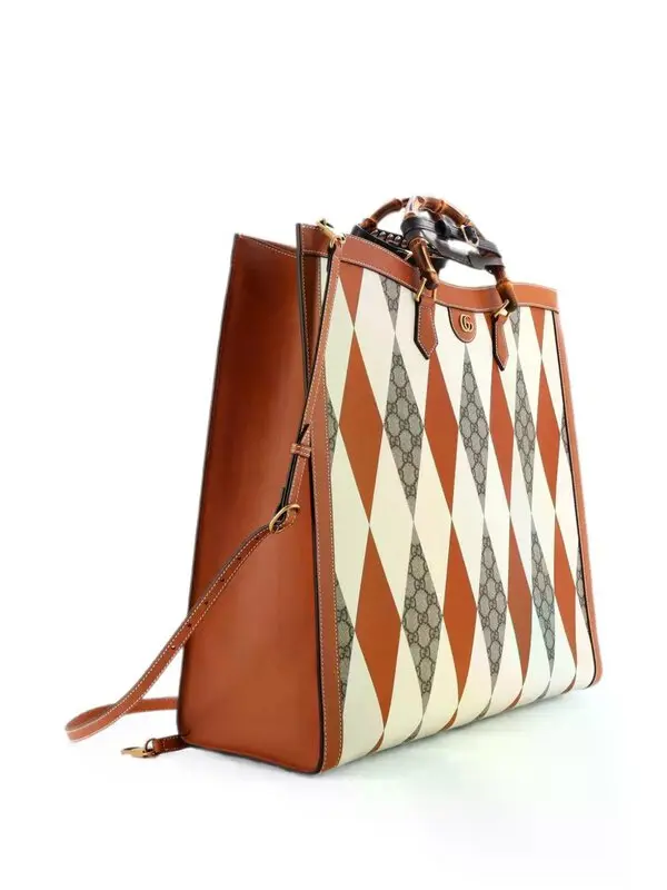 Gucci Diana Nm Bamboo Handle Rhombus Gg Coated Canvas With Leather Large Tote Bag - Brown