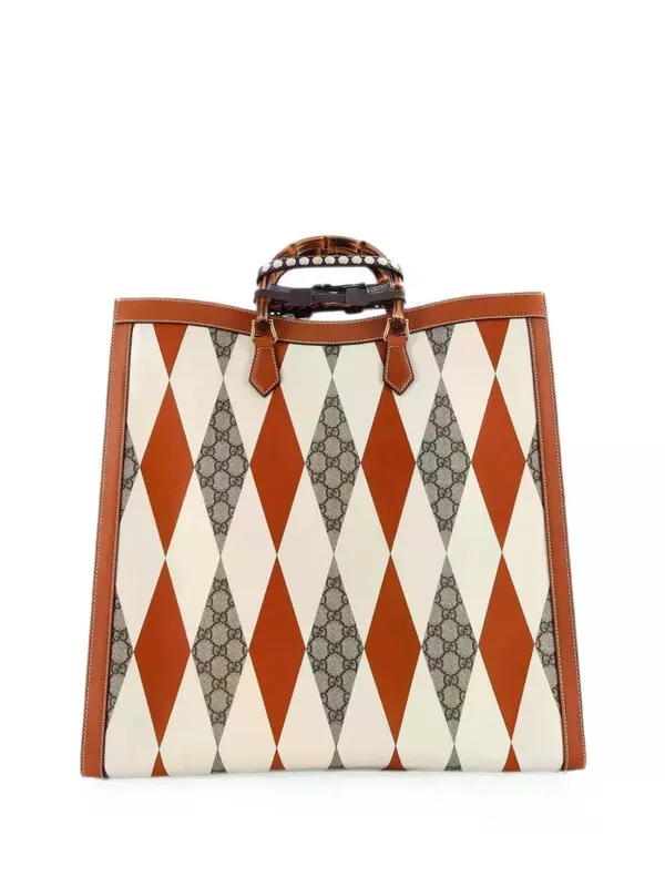 Gucci Diana Nm Bamboo Handle Rhombus Gg Coated Canvas With Leather Large Tote Bag - Brown