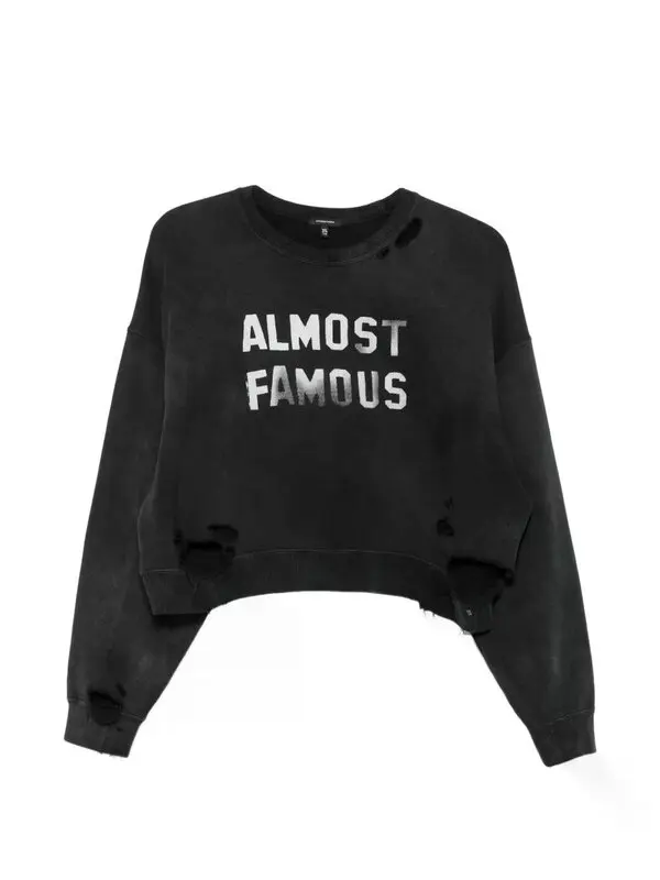 R13 Distressed Slogan Print Cropped Sweatshirt - Black
