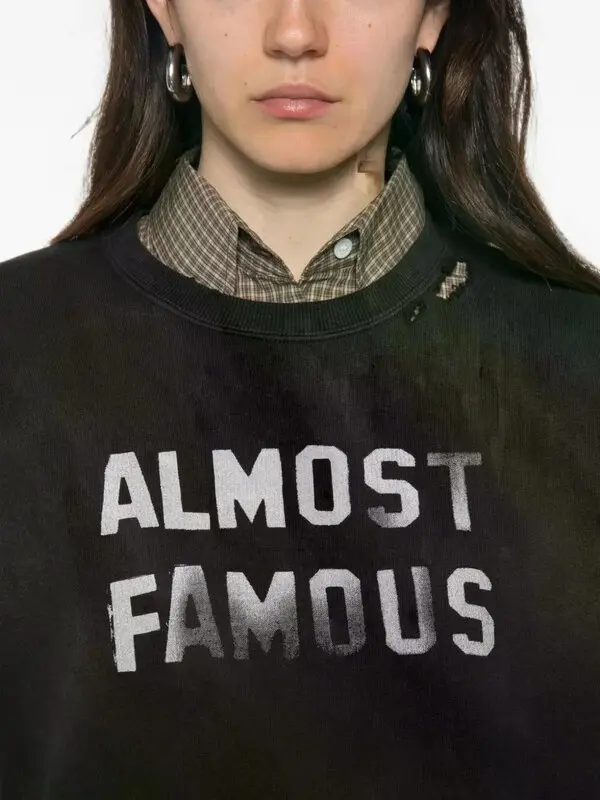 R13 Distressed Slogan Print Cropped Sweatshirt