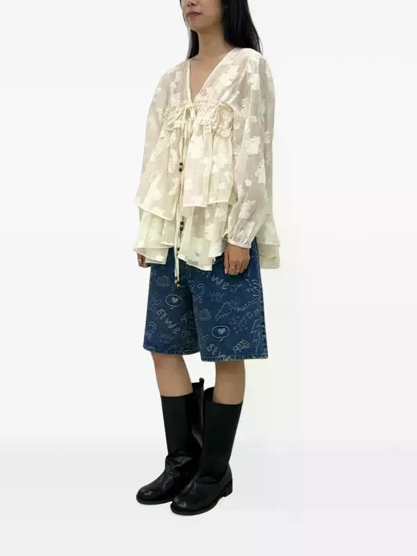 ÉPINGLER Floral Motif Ruffled Cardigan