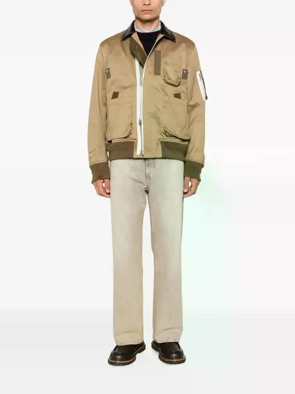 Sacai Zip-up Leather Collar Jacket - Neutrals