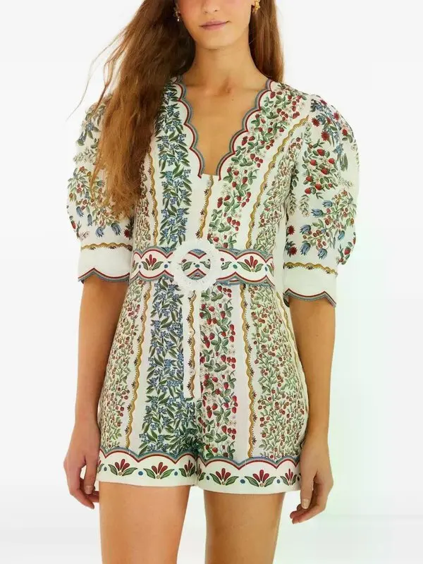 Farm Rio Fruit Beauty Floral Print Scalloped Trim Playsuit - White
