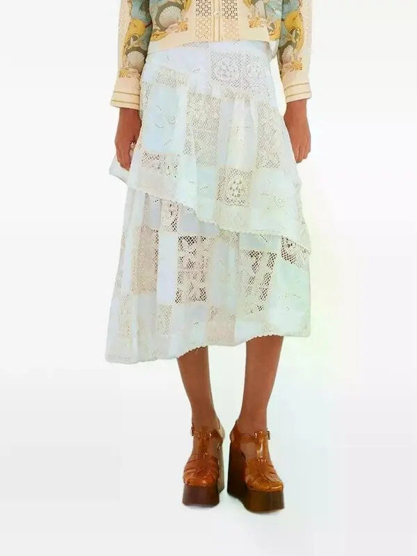 Farm Rio Patchwork-lace Tiered Midi Skirt