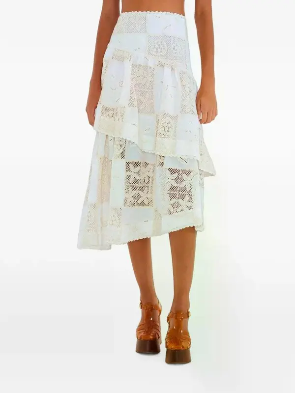 Farm Rio Patchwork-lace Tiered Midi Skirt