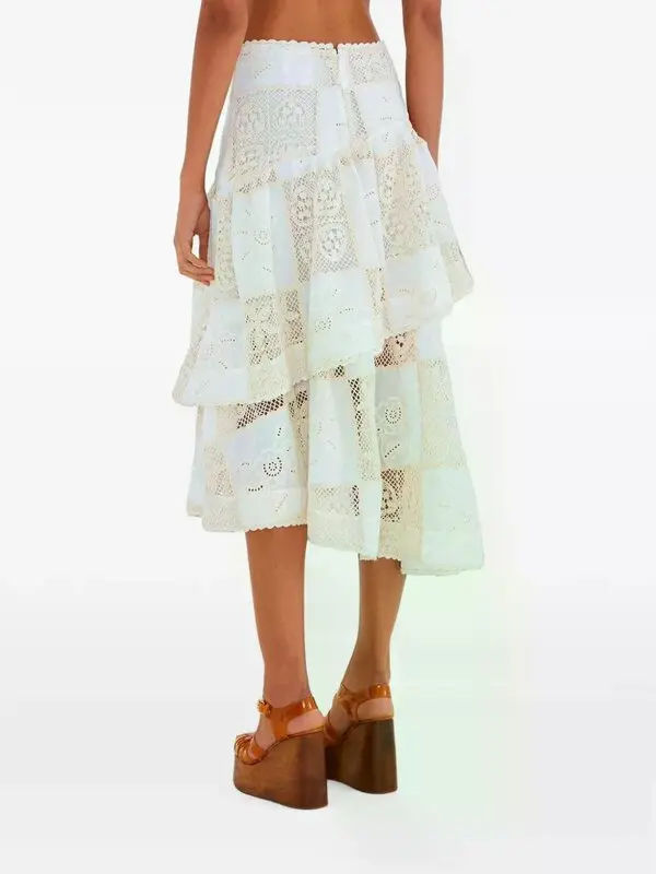 Farm Rio Patchwork-lace Tiered Midi Skirt