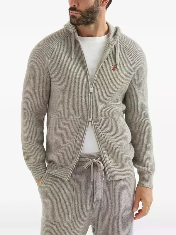 Brunello Cucinelli Cashmere English Rib Hooded Knit Sweatshirt - Grey