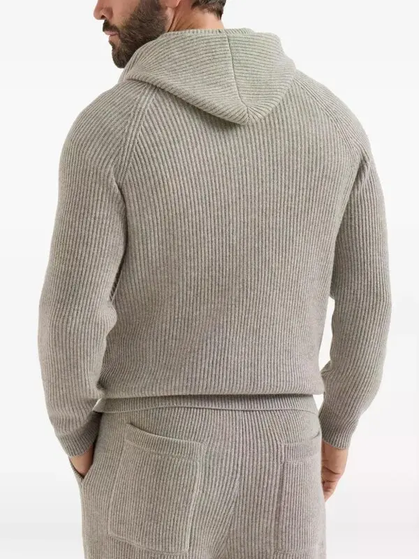 Brunello Cucinelli Cashmere English Rib Hooded Knit Sweatshirt - Grey