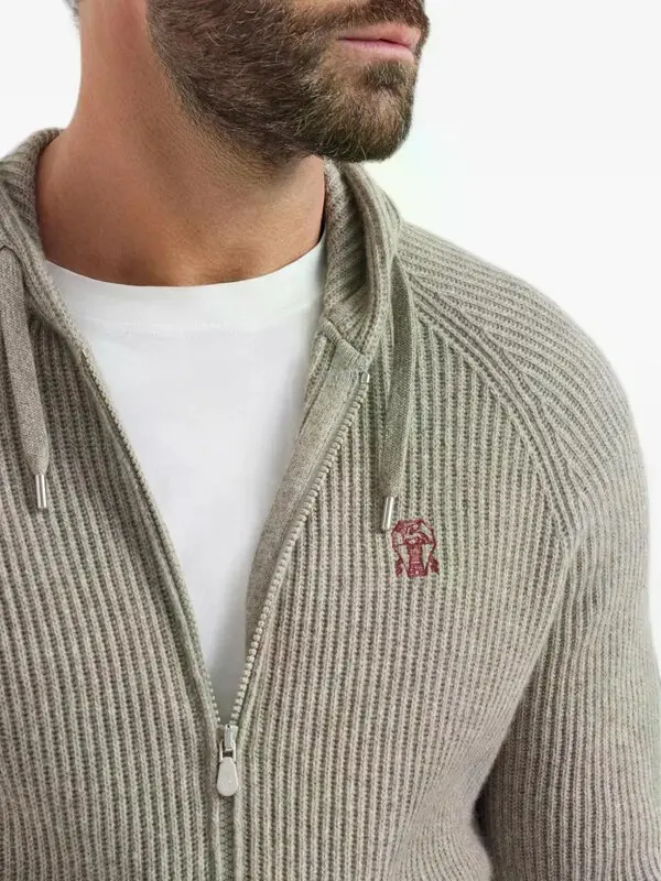 Brunello Cucinelli Cashmere English Rib Hooded Knit Sweatshirt - Grey