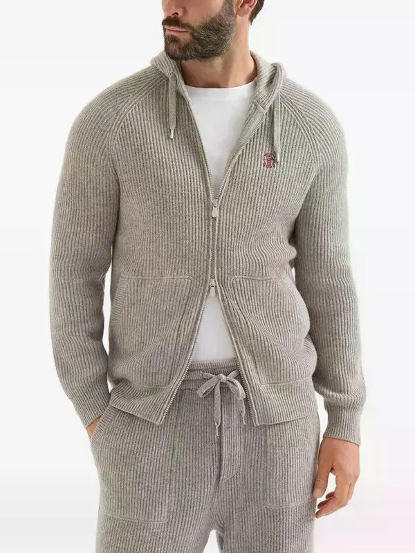 Brunello Cucinelli Cashmere English Rib Hooded Knit Sweatshirt - Grey
