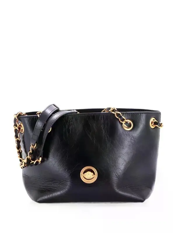 Versace Medusa Icon Chain Tote Leather Mini Bucket Bag - Black