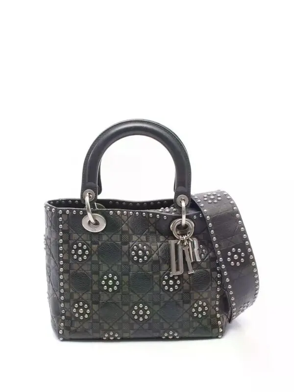Dior 2010-2026 Medium Calfskin Cannage Embossed Flower Studded Supple Lady Satchel - Black