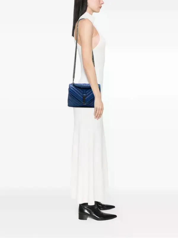 Saint Laurent Medium Quilted Chevron Sheepskin College Satchel - Blue