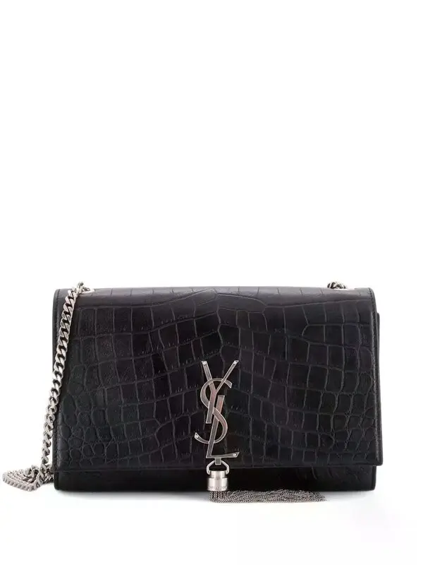Saint Laurent Monogram Tassel Crocodile Embossed Leather Crossbody Bag - Black