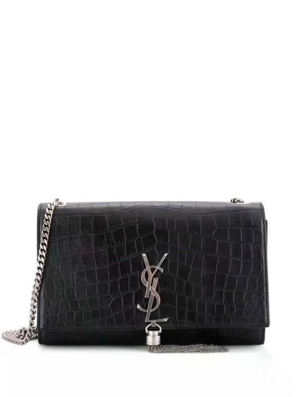 Saint Laurent Monogram Tassel Crocodile Embossed Leather Crossbody Bag - Black