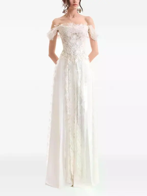 GEMY MAALOUF Embroidered Lace-trim Maxi Dress - Neutrals