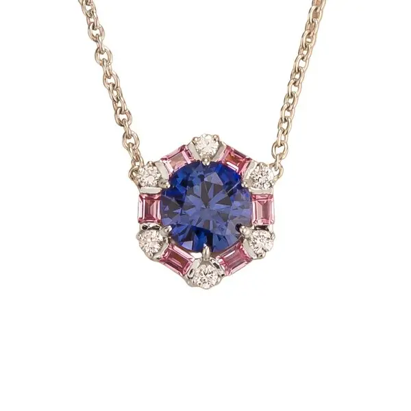 JUVETTI  Blue / Pink / Silver Melba Blue Sapphire, Pink Sapphire & Diamond Halo Hexagon Pendant Necklace In White Gold - Blue/pink/silver