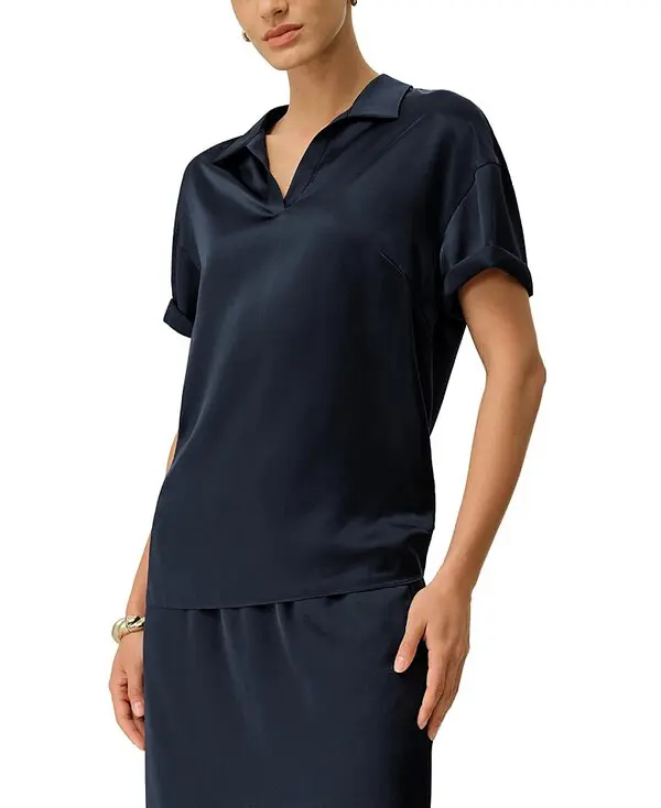 Lilysilk Washable Silk Charmeuse Polo Top - Midnight Blue
