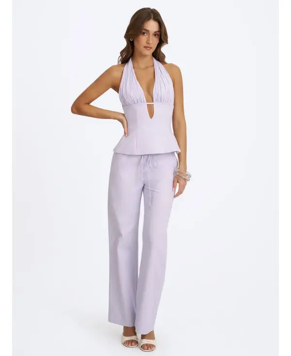 MISS CIRCLE NEW YORK Quinzella Linen Plunging Halter V Neck Top