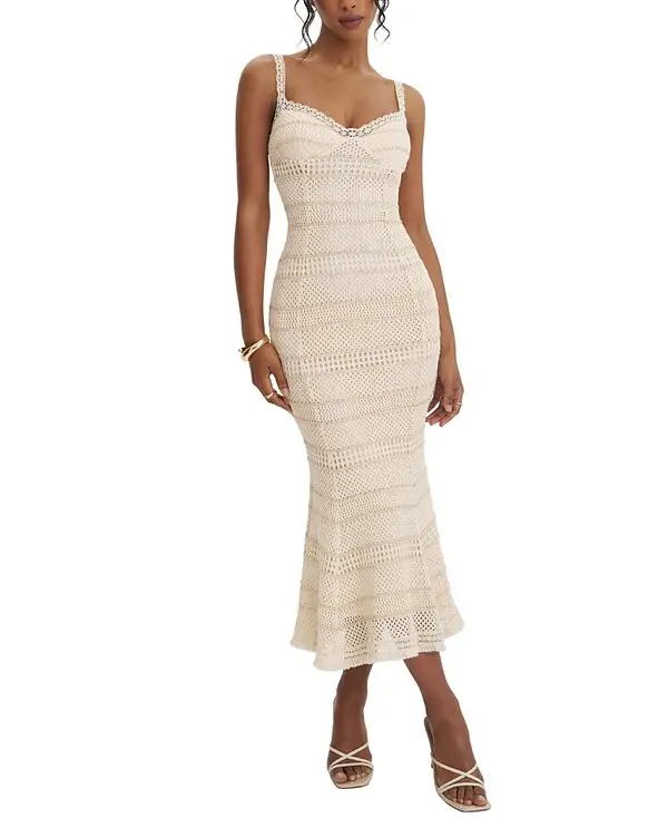 MISS CIRCLE NEW YORK Xiomara Stripe Crochet Knit Mermaid Midi Dress - Beige