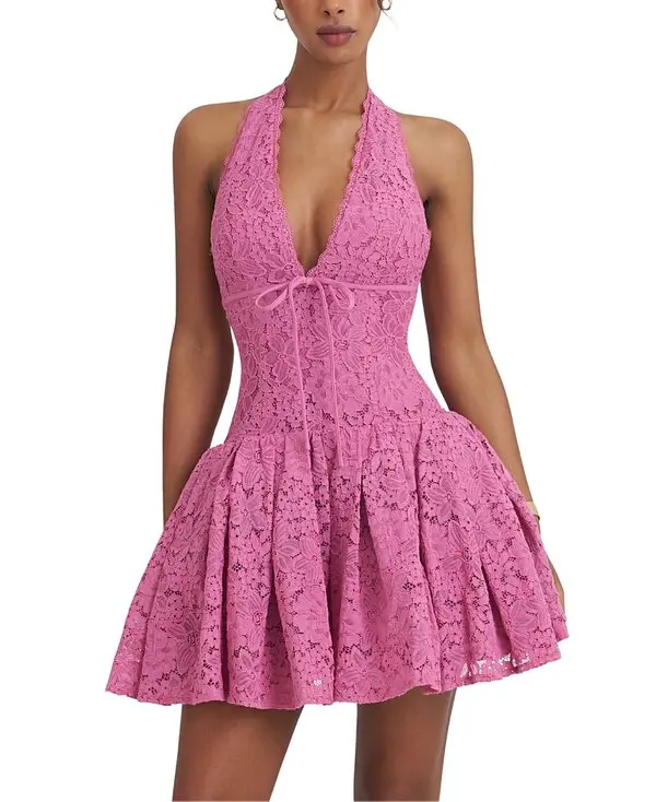 MISS CIRCLE NEW YORK Karla Lace Drop Waist Halter Mini Dress - Magenta
