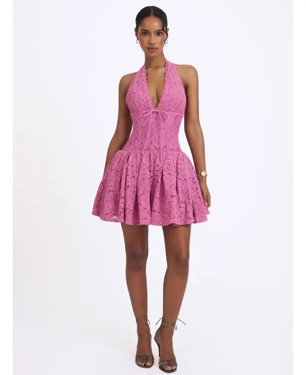 MISS CIRCLE NEW YORK Karla Lace Halterneck Mini Dress - Magenta