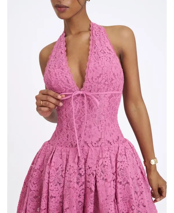 MISS CIRCLE NEW YORK Karla Lace Halterneck Mini Dress - Magenta