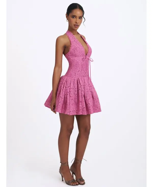 MISS CIRCLE NEW YORK Karla Lace Halterneck Mini Dress - Magenta