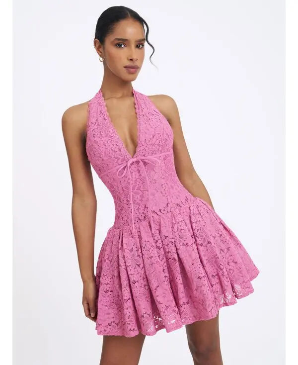 MISS CIRCLE NEW YORK Karla Lace Halterneck Mini Dress - Magenta