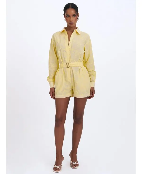 MISS CIRCLE NEW YORK Malou Embroidered Poplin Belted Shirt Romper