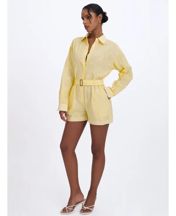 MISS CIRCLE NEW YORK Malou Embroidered Poplin Belted Shirt Romper