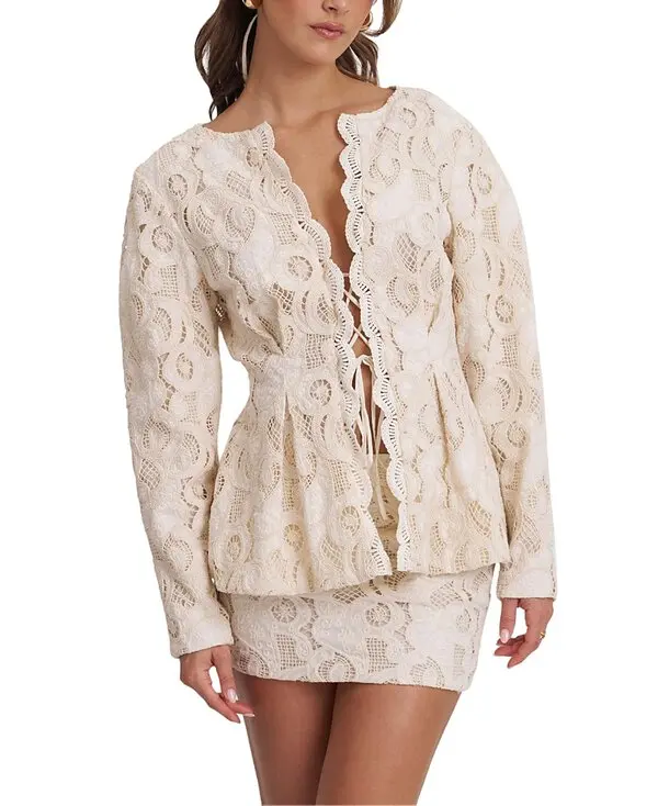 MISS CIRCLE NEW YORK Wenley Cotton Lace Puff Sleeve Cinched Top - Beige