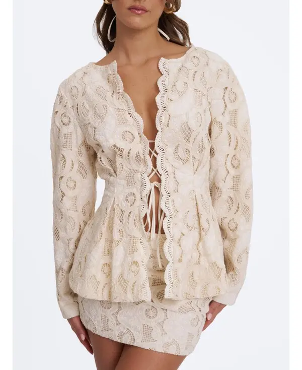 MISS CIRCLE NEW YORK Wenley Cotton Lace Puff Sleeve Cinched Top