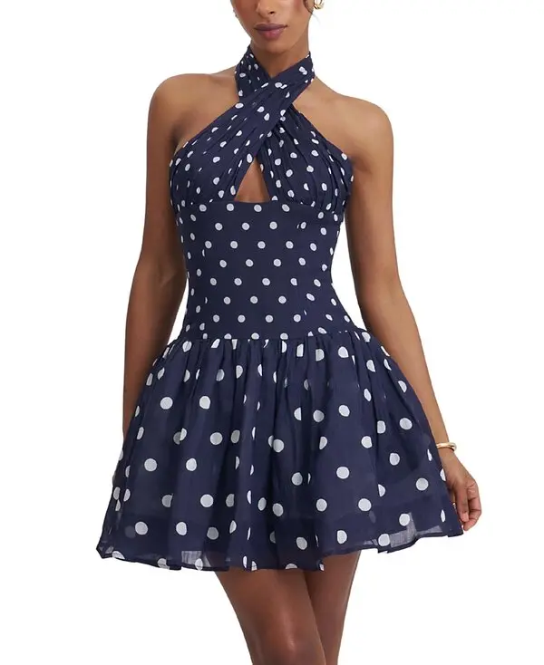 MISS CIRCLE NEW YORK Yamina Polka Dot Ramie Crossover Halter Gathered Mini Dress - Navy