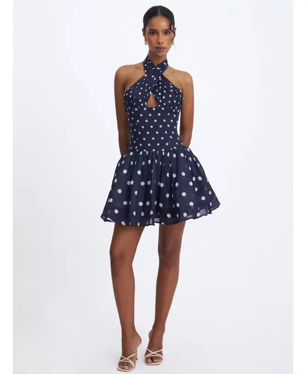MISS CIRCLE NEW YORK Yamina Polka Dot Ramie Crossover Halter Gathered Mini Dress