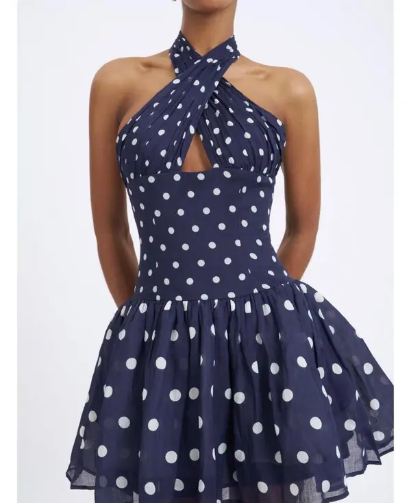 MISS CIRCLE NEW YORK Yamina Polka Dot Ramie Crossover Halter Gathered Mini Dress