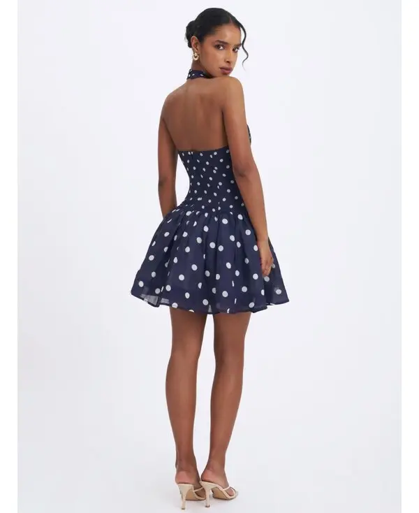 MISS CIRCLE NEW YORK Yamina Polka Dot Ramie Crossover Halter Gathered Mini Dress