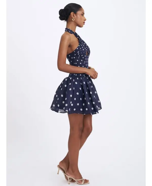 MISS CIRCLE NEW YORK Yamina Polka Dot Ramie Crossover Halter Gathered Mini Dress