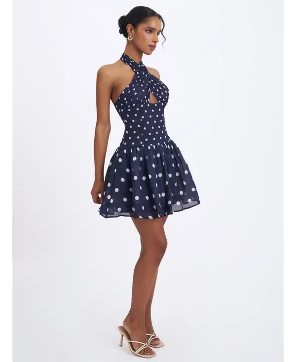 MISS CIRCLE NEW YORK Yamina Polka Dot Ramie Crossover Halter Gathered Mini Dress