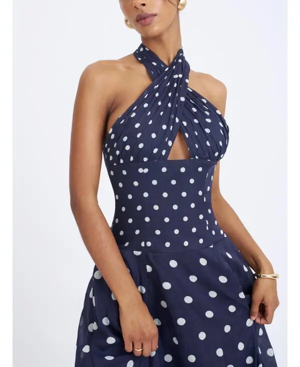 MISS CIRCLE NEW YORK Nuri Polka Dot Ramie Crossover Halter A-line Midi Dress