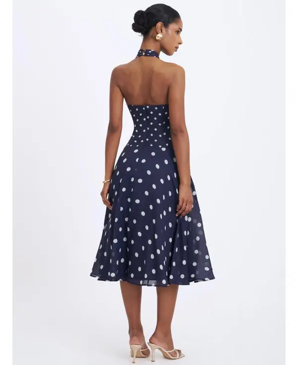 MISS CIRCLE NEW YORK Nuri Polka Dot Ramie Crossover Halter A-line Midi Dress