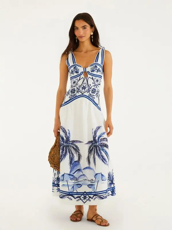 Farm Rio Long Linen Dress With City Print And Striped Shoulder Straps - Bianco