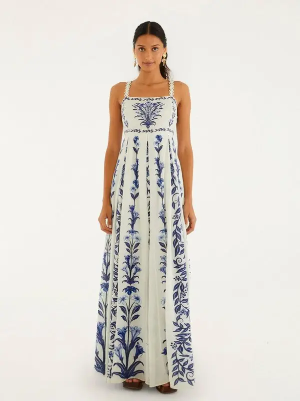 Farm Rio Maxi Dress With Flower Arch Print And Scalloped Shoulder Straps - Bianco