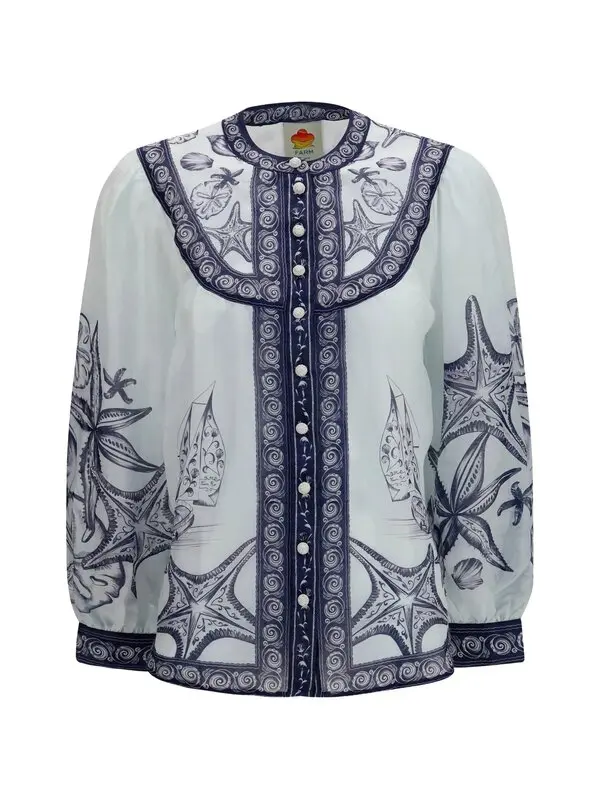Farm Rio Coast Scarf Print Ramie Long-sleeve Blouse - Bianco