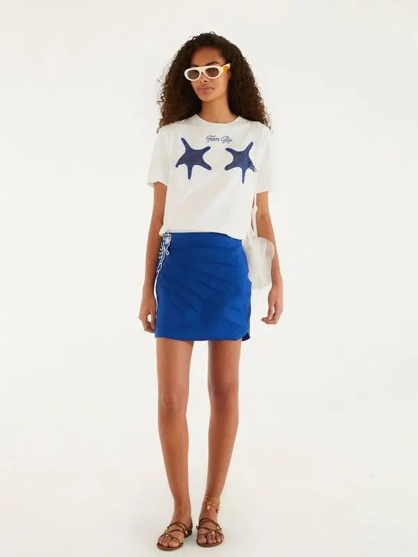 Farm Rio Cotton T-shirt With Starfish Embroidery - Bianco
